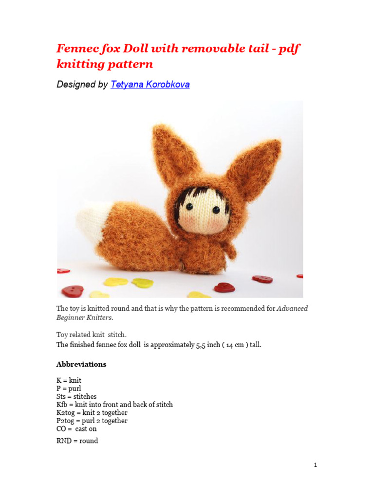Knitting Pattern for Fennec Fox Doll | PDF | Knitting | Yarn