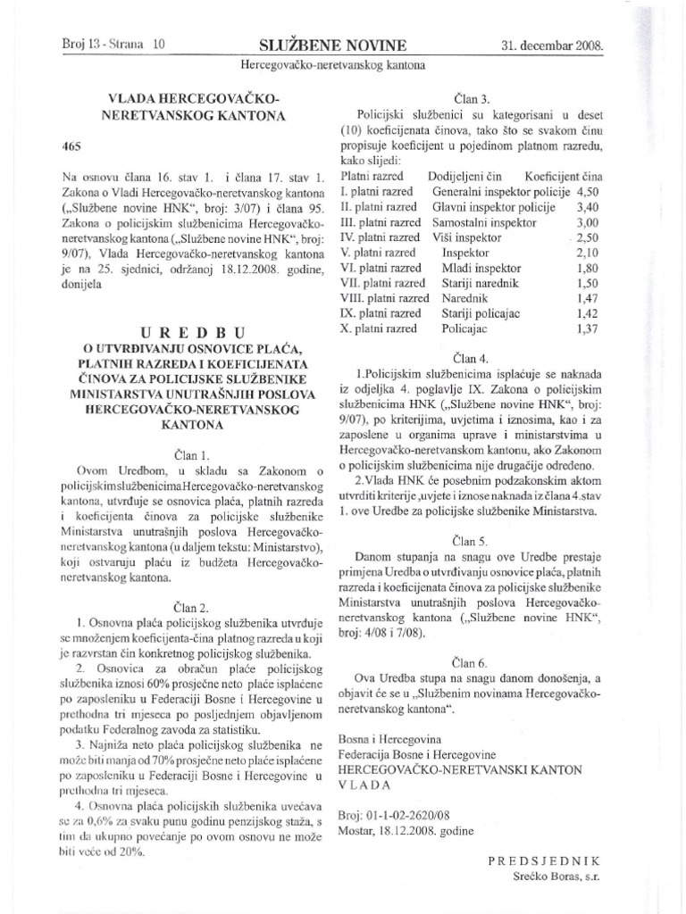 Uredba o Utvrdivanju Osnovice Placa Platnih Razreda I Koeficijenata Cinova Za Policijske ...