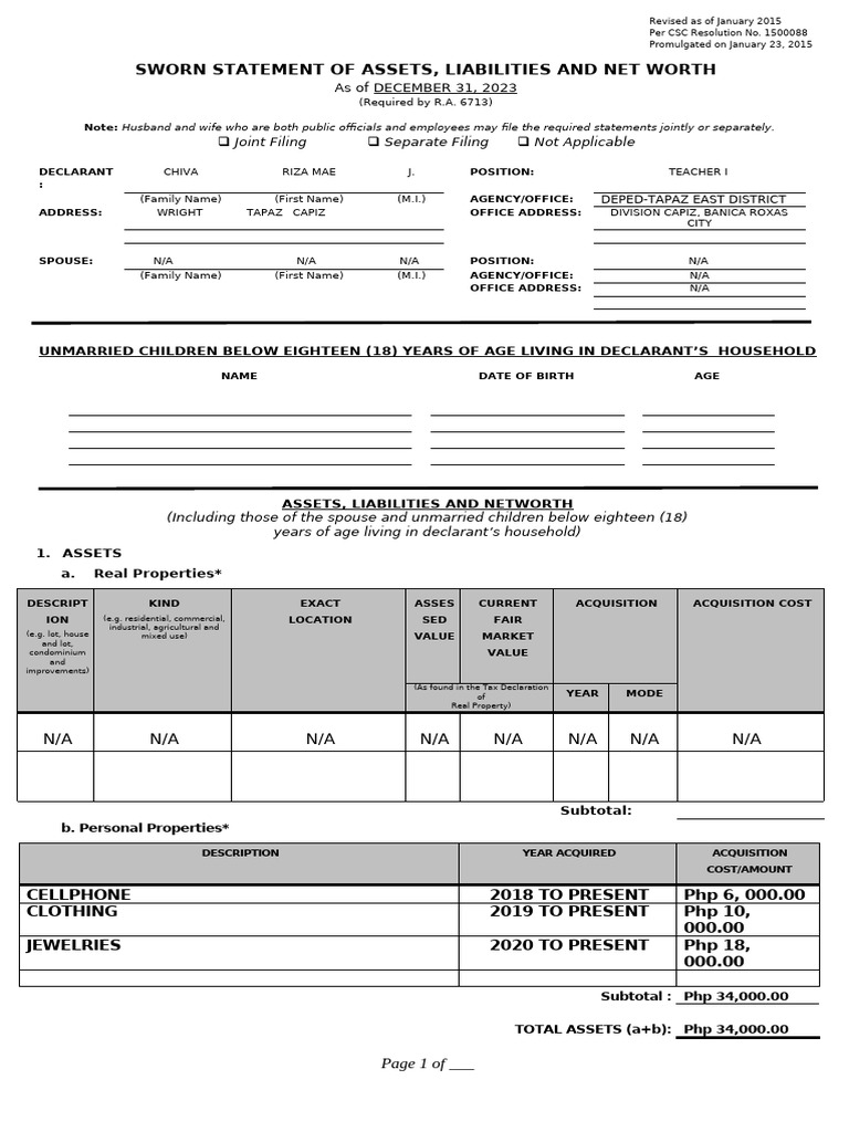 2015 SALN Form Blank (1) | PDF | Net Worth | Business