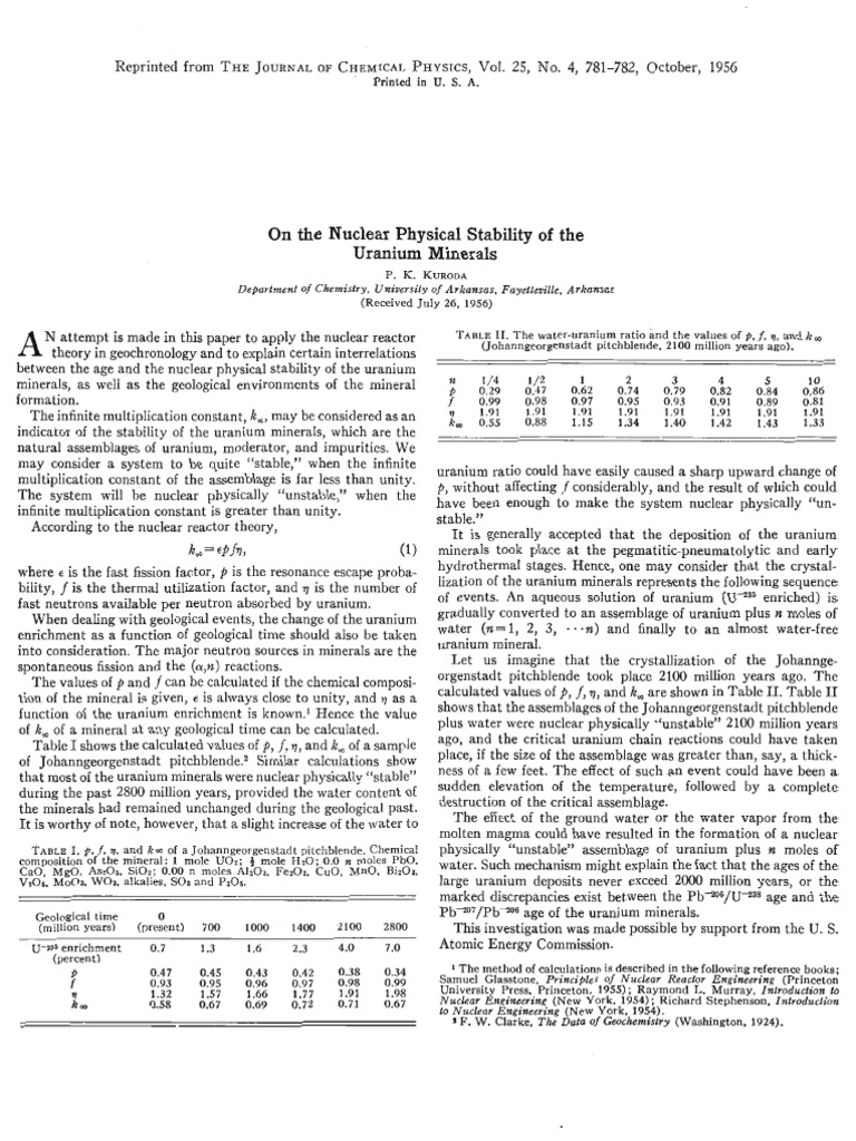 Nuclear Physical Stability of Uranium Minerals - Kuroda - 1956 | PDF