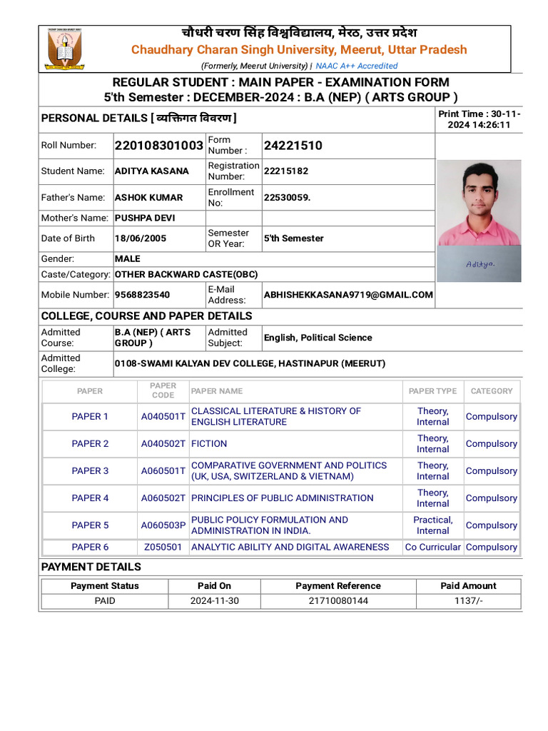 BA 5th Sem Examination Form | PDF
