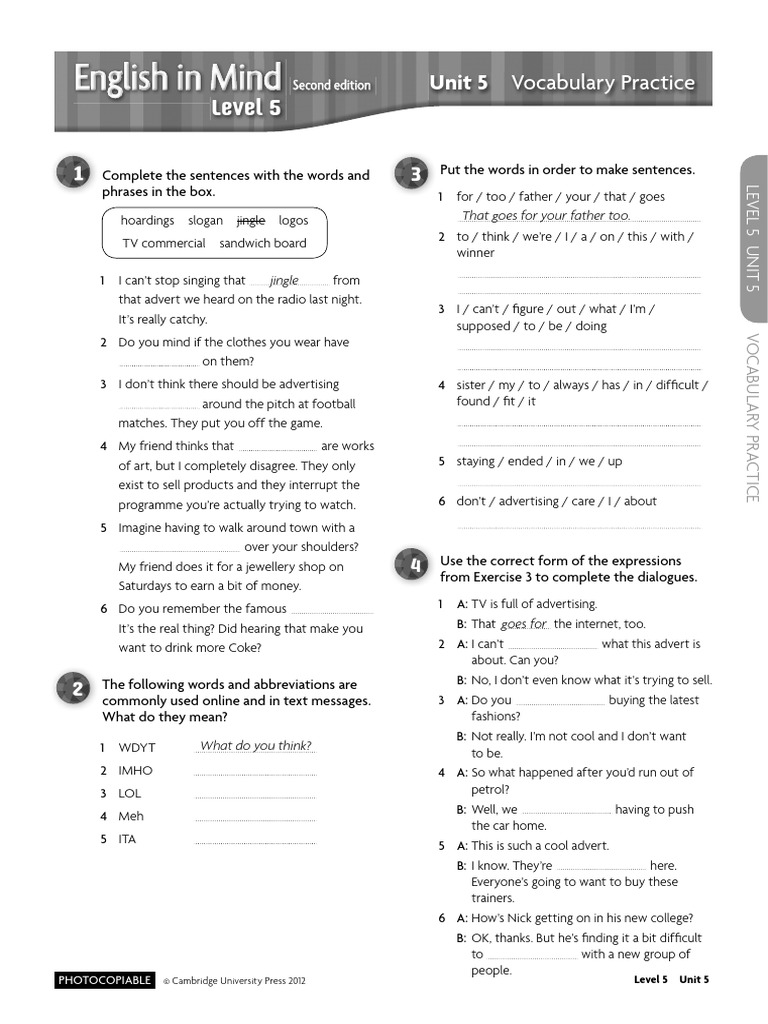English in Mind2 Level5 Unit5 Vocabulary Practice Worksheet | PDF