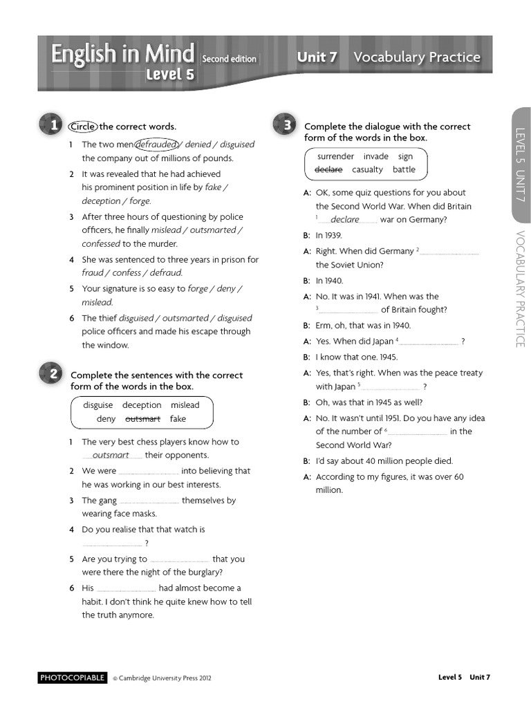 English in Mind2 Level5 Unit7 Vocabulary Practice Worksheet | PDF