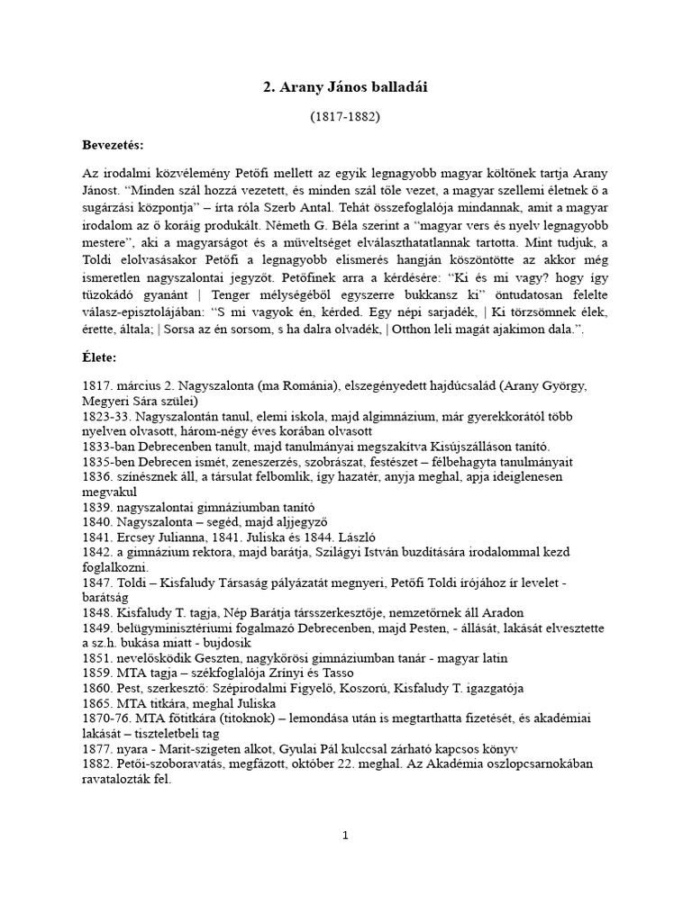 Arany J-Nos Ballad-I | PDF