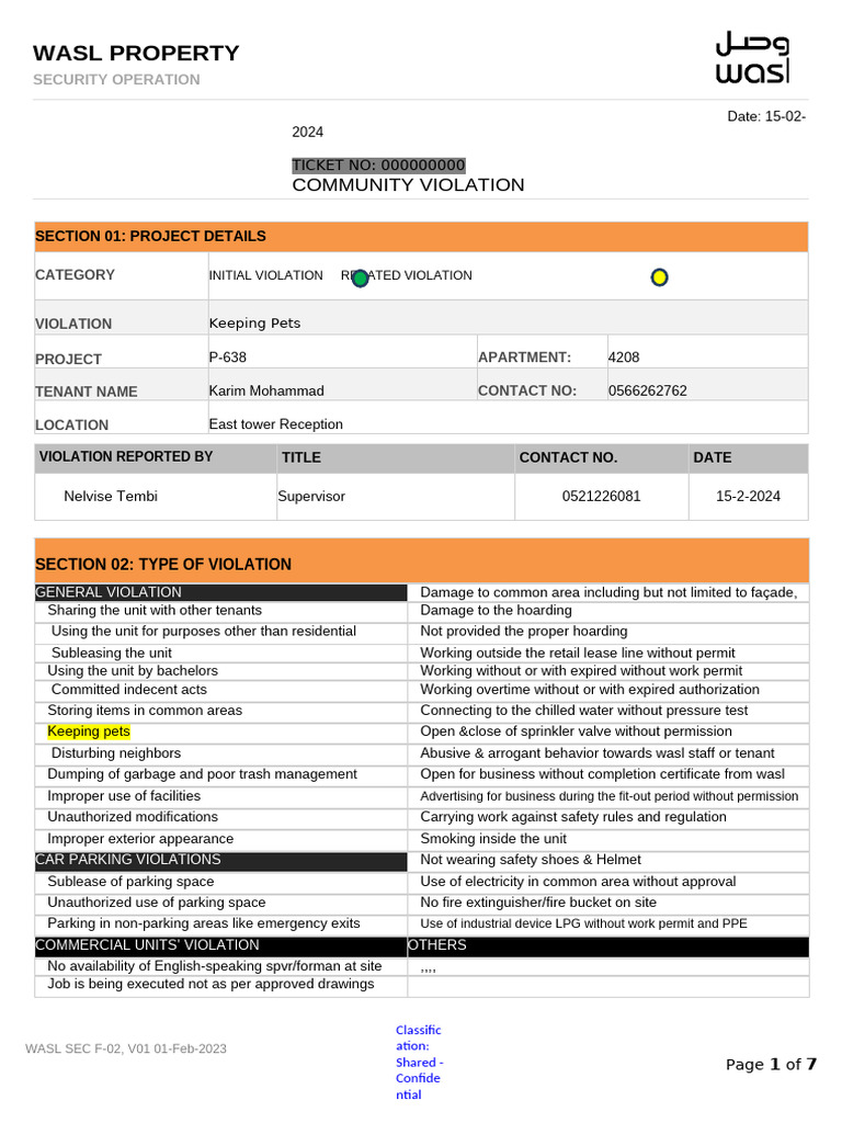5th Repeated Violation Report P638 Unit4208 Keeping Pets 16-1-2025 | PDF | Lease
