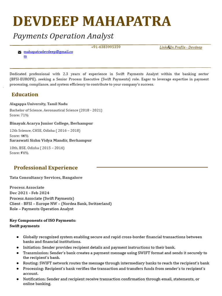 Devdeep Resume Payments-1 | PDF | Banks | Wire Transfer