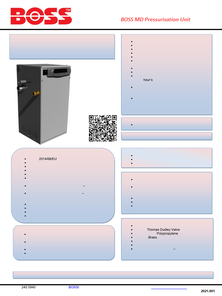 BOSS MD Pressurisation Unit - Datasheet | PDF | Pump | Pressure