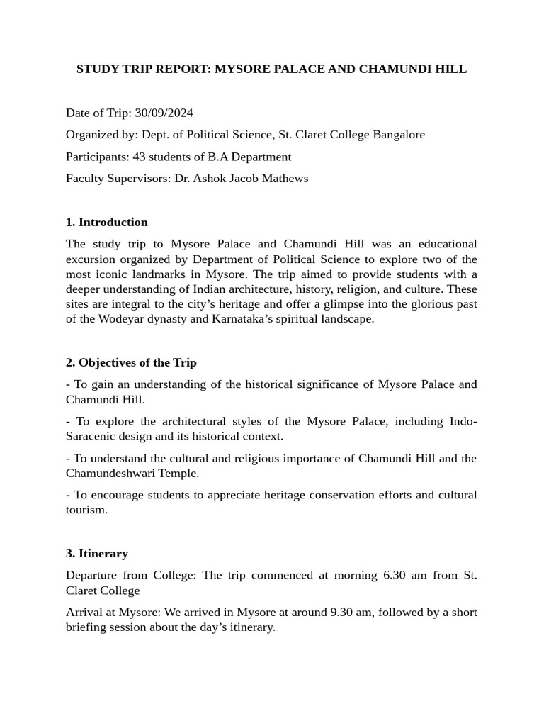 Study Trip Report: Mysore Palace Visit | PDF | Palace