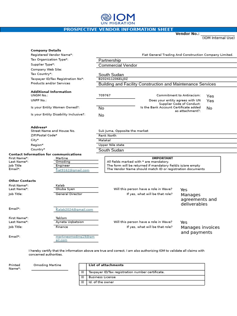 Vendor Info Sheet for IOM Use | PDF
