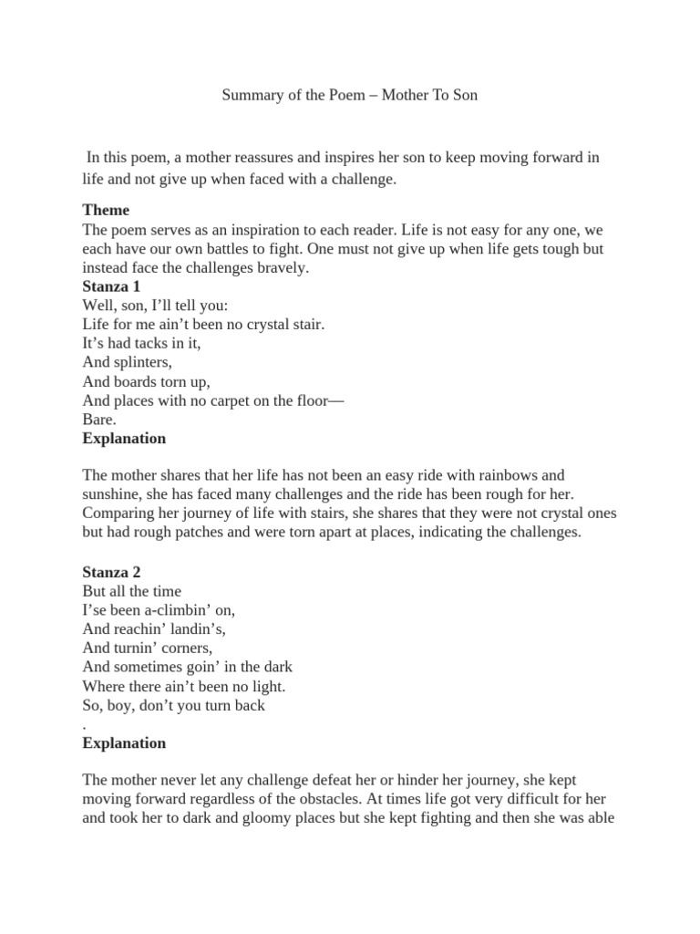 Mother to Son: Poem Summary and Theme | PDF