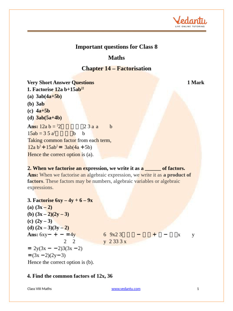 important-questions-class-8-maths-chapter-14 | PDF | Mathematics | Algebra