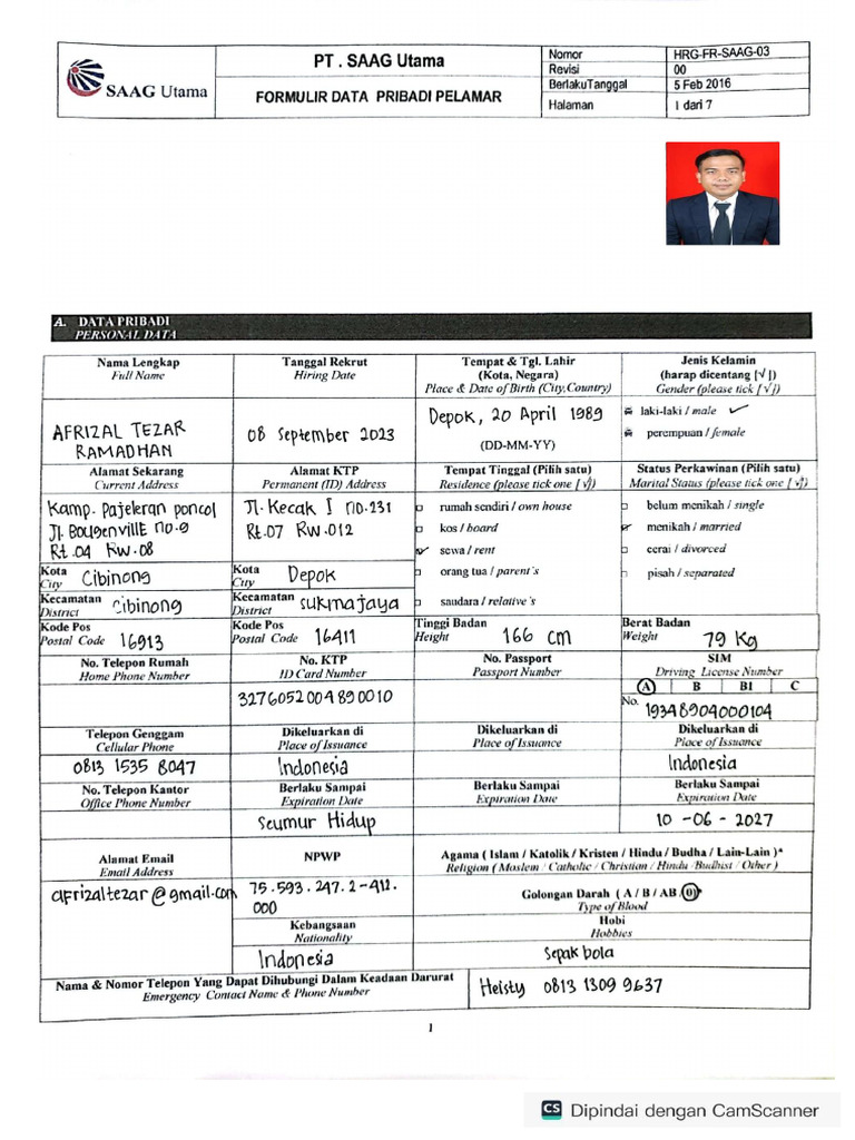 FR.03 Data Pribadi Pelamar | PDF