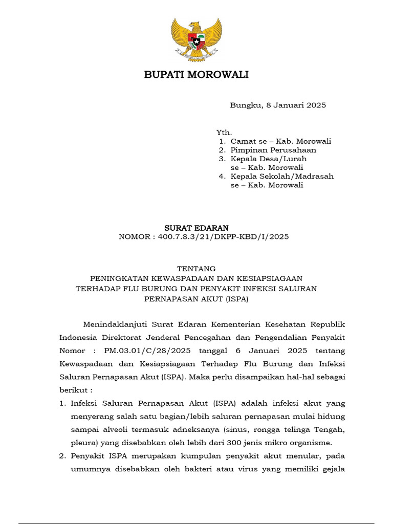 Surat Edaran Peningkatan Kewaspadaan Flu Burung Dan Infeksi Saluran Pernapasan Akut (Ispa) | PDF
