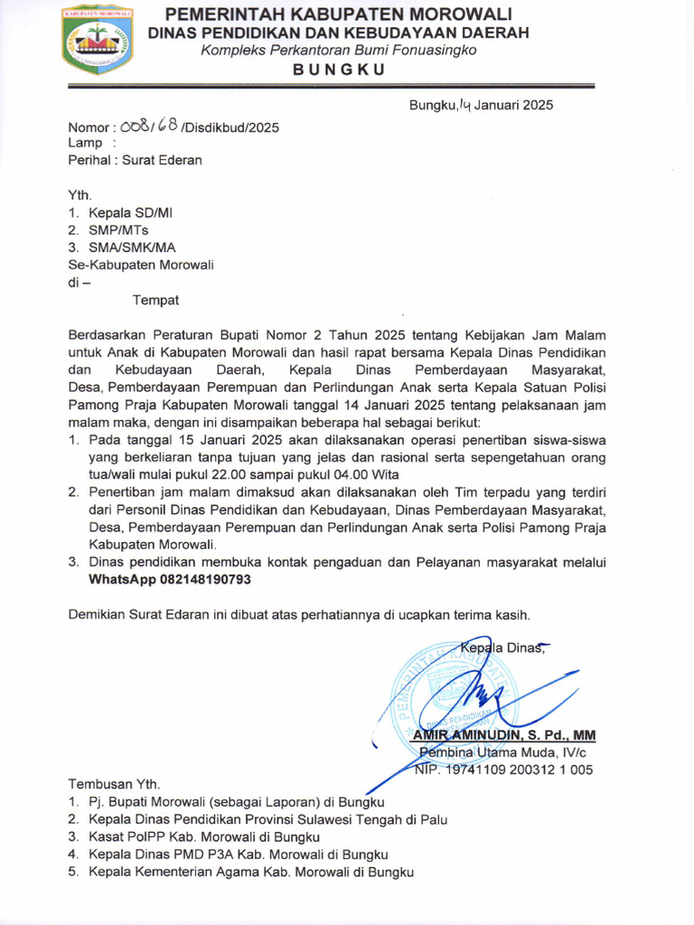 Surat Edaran Kebijakan Jam Malam Untuk Anak Di Kabupaten Morowali | PDF