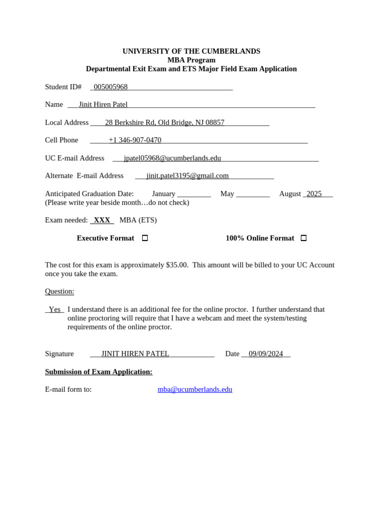 MBA Comprehensive Exam Application | PDF