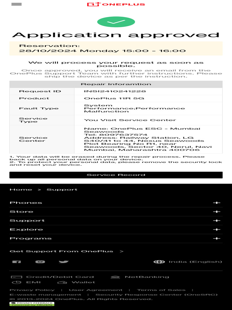 OnePlus Service Appointment Confirmation | PDF
