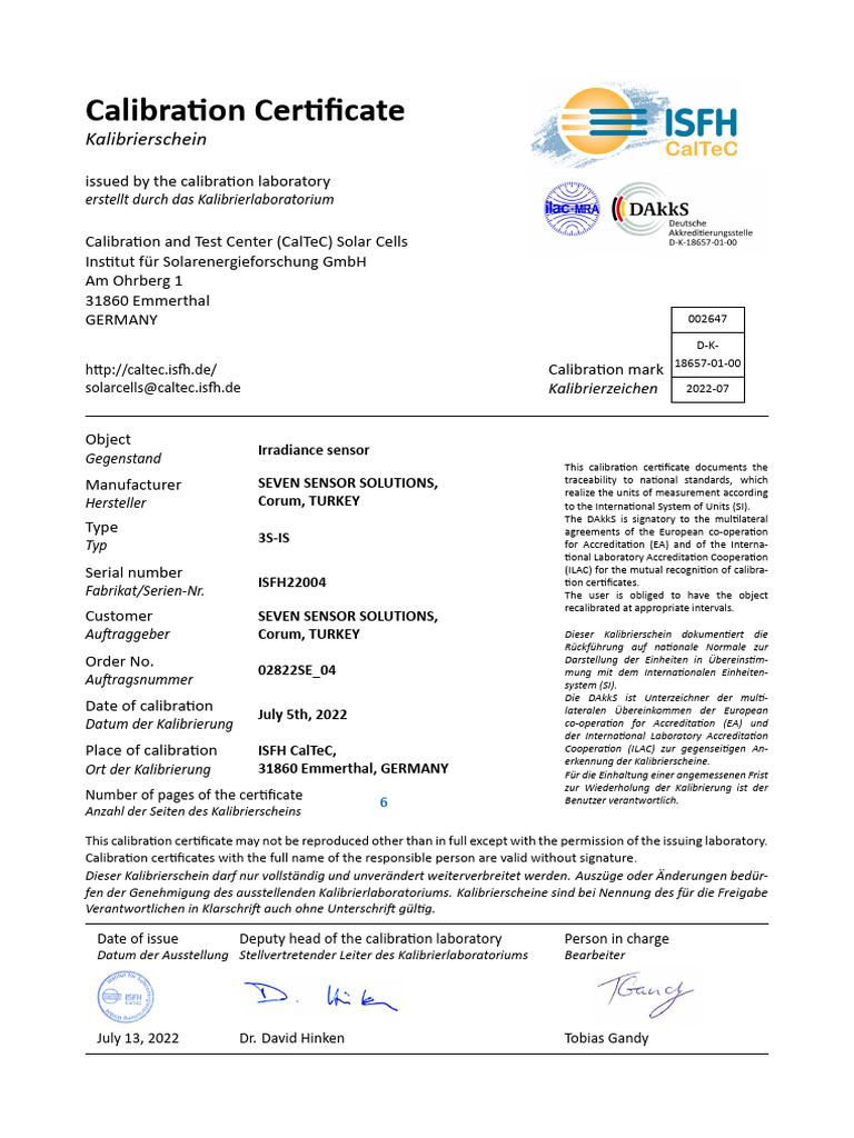 ISFH Calibration Certificate | PDF | Metrology | Science