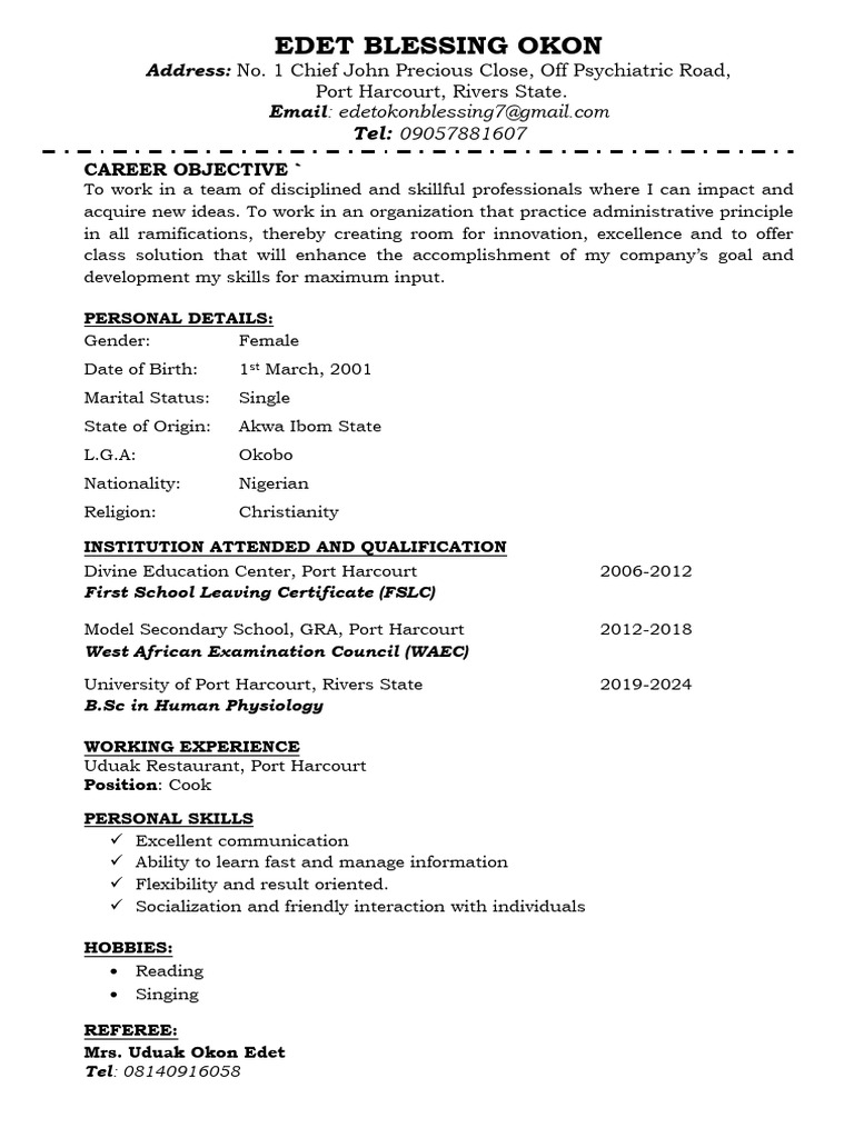 EDET BLESSING OKON CV AND APPLICATION LETTER-1 | PDF | Cognition | Learning