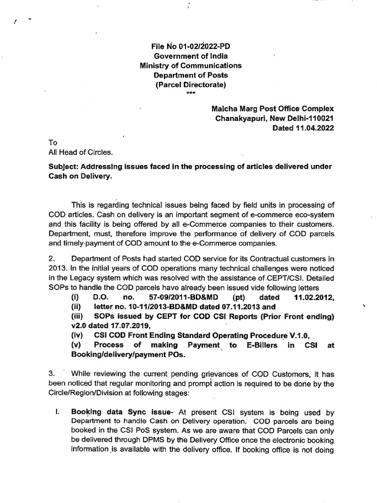 Letter On Issues Faced in Proocessing of COD Articles | PDF