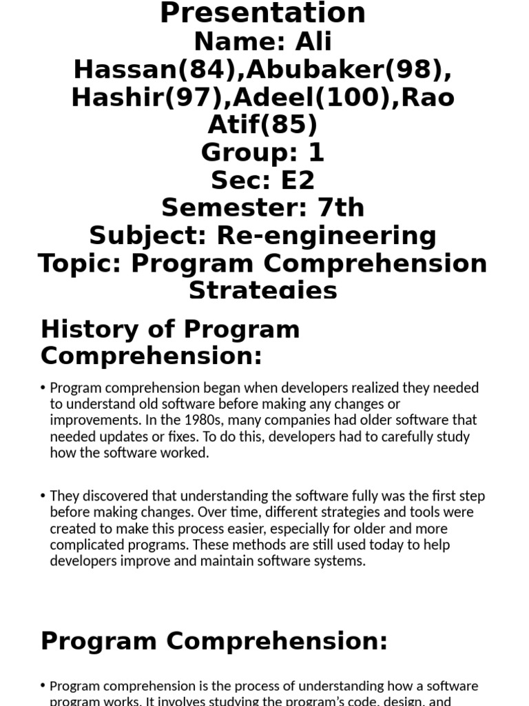 Presentation Program Comprehension Strategies SRE | PDF | Software Development | Documentation