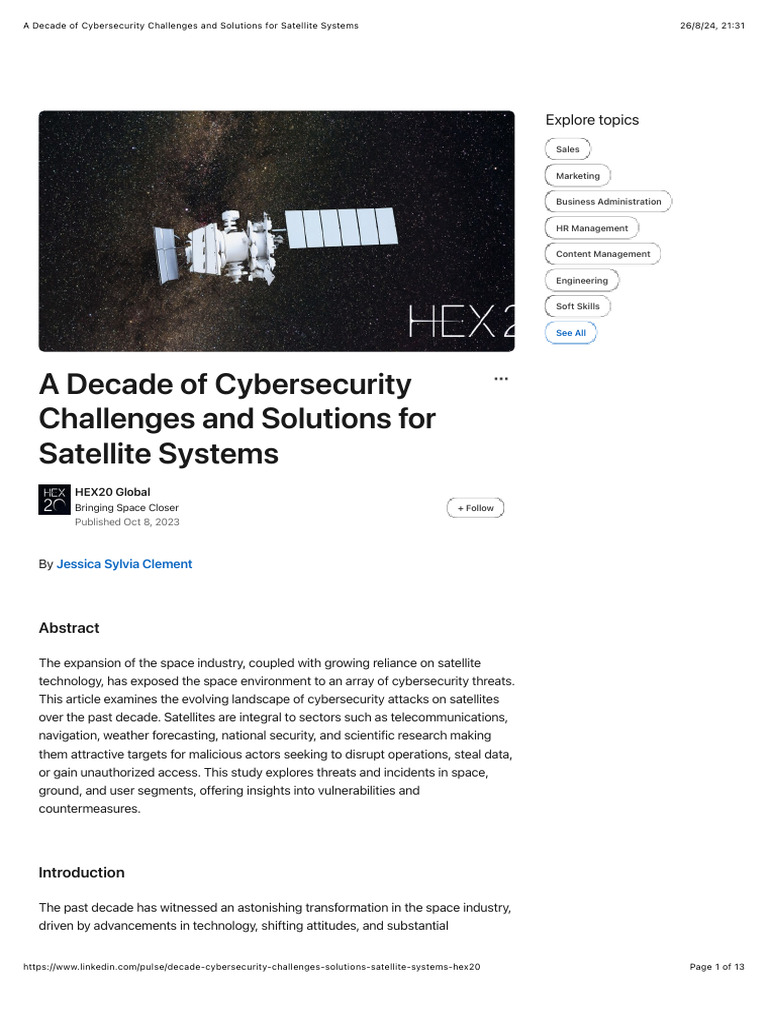Cybersecurity in Satellite Systems: A Decade Review | PDF | Security ...