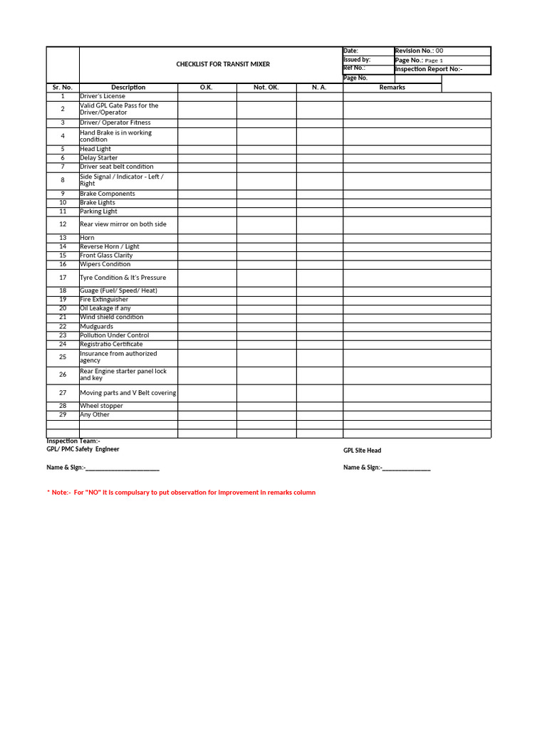 Transit Mixer Inspection Checklist | PDF