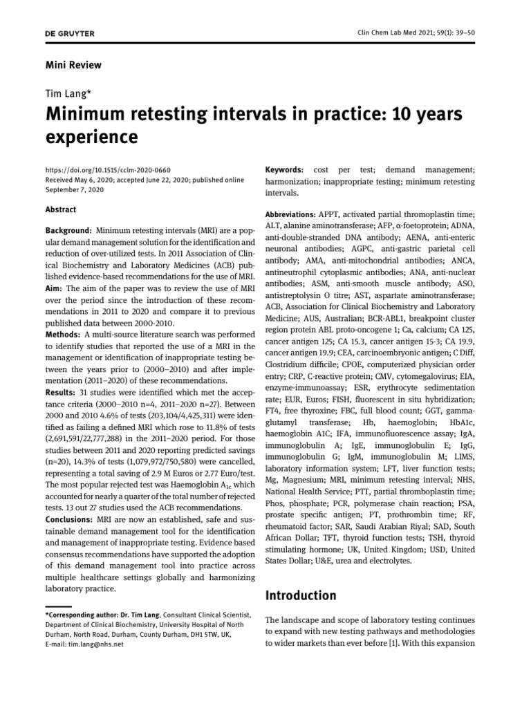Minimum Retesting Intervals Review | PDF | Antibody | Alanine Transaminase