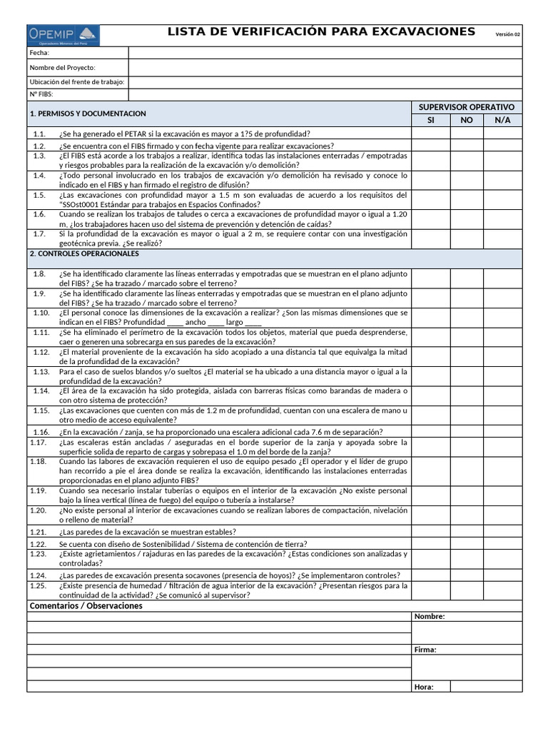 Sgsst-Ope-Fs-015-Lista de Verificación para Excavaciones | PDF