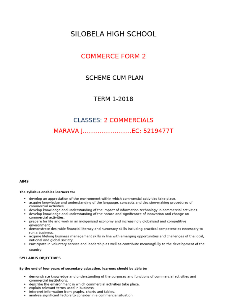 Commerce Curriculum Plan for Form 2 | PDF | Educational Technology ...