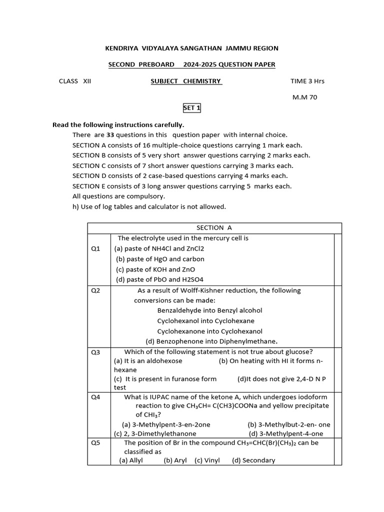 SET1 QP PB2 CHEM XII 2025 | PDF | Chemical Reactions | Acid