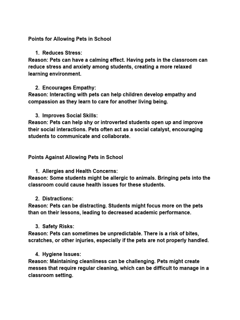 Pros and Cons of Pets in Schools | PDF