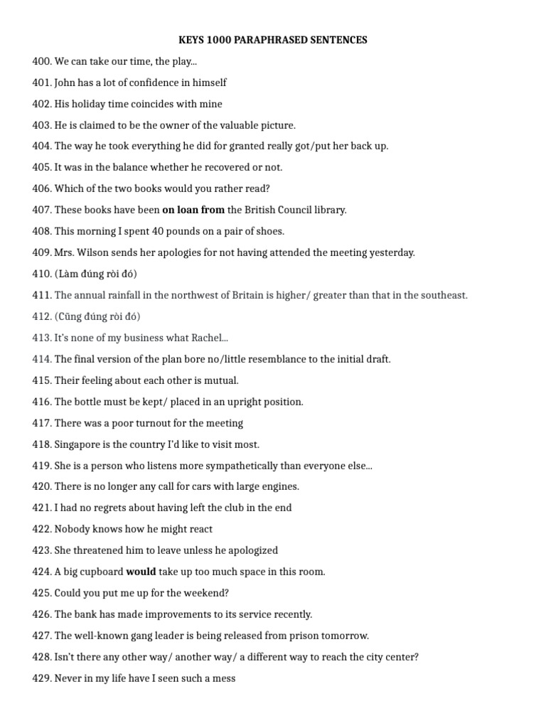 Keys 1000 Paraphrased Sentences | PDF