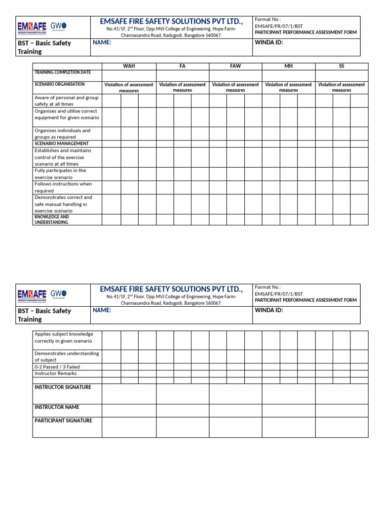 1 Emsafe Gwo Performance Assessment Sheet BST | PDF