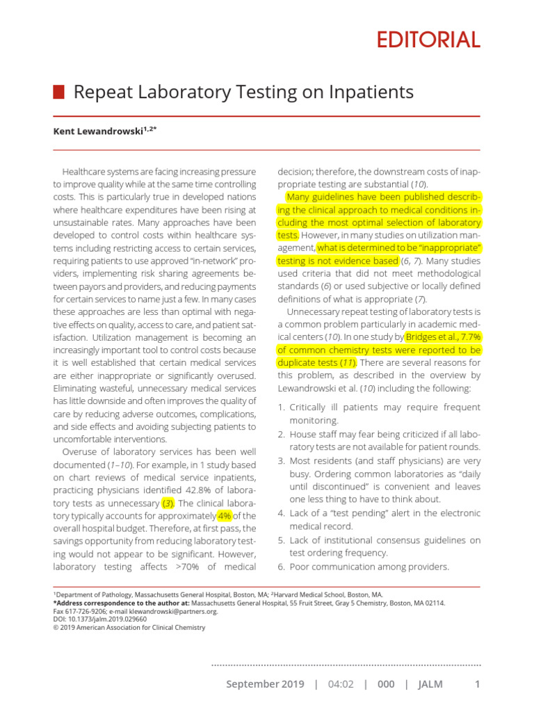Editorial: Repeat Laboratory Testing On Inpatients | PDF | Health Care ...