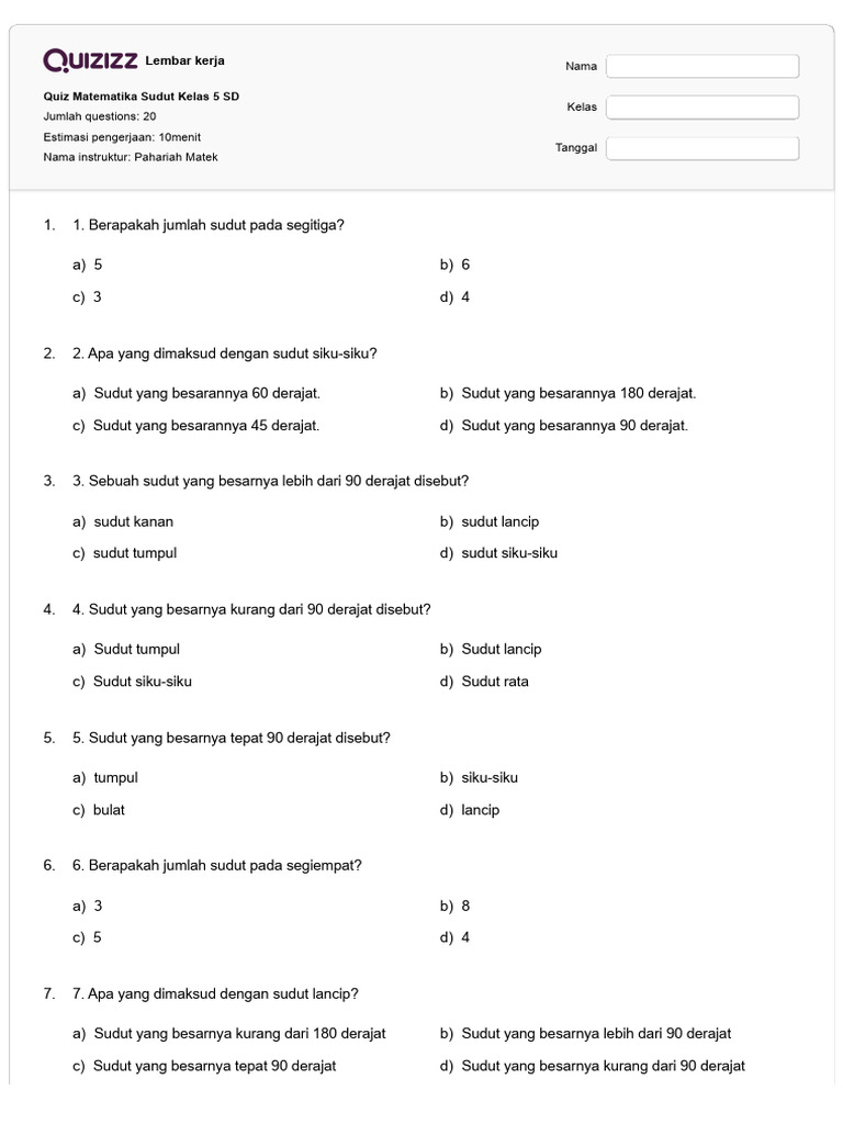 Quiz Matematika Sudut Pdf