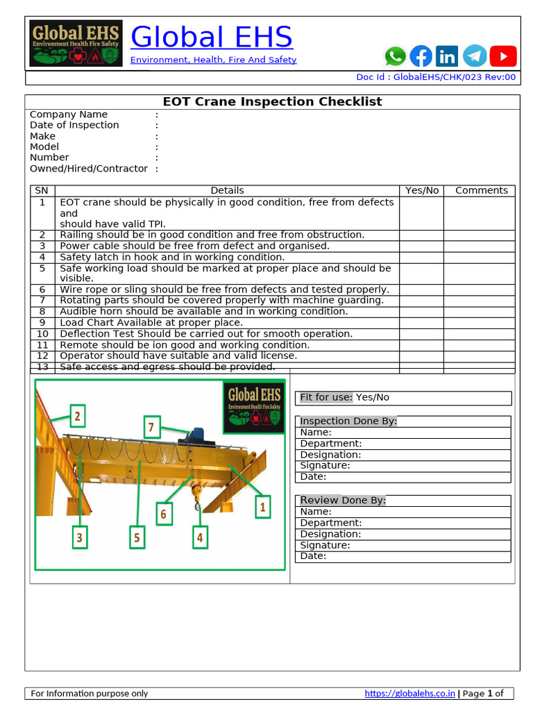EOT Crane Safety Inspection Checklist Global EHS | PDF | Manufactured Goods