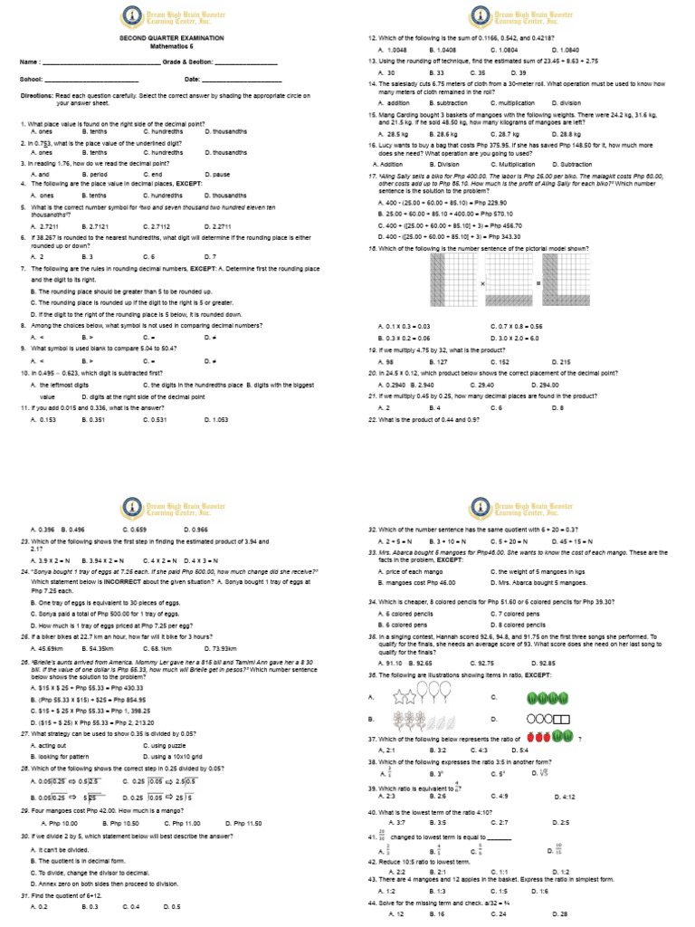 Math 5 - Q2 Printable | PDF | Ratio | Arithmetic