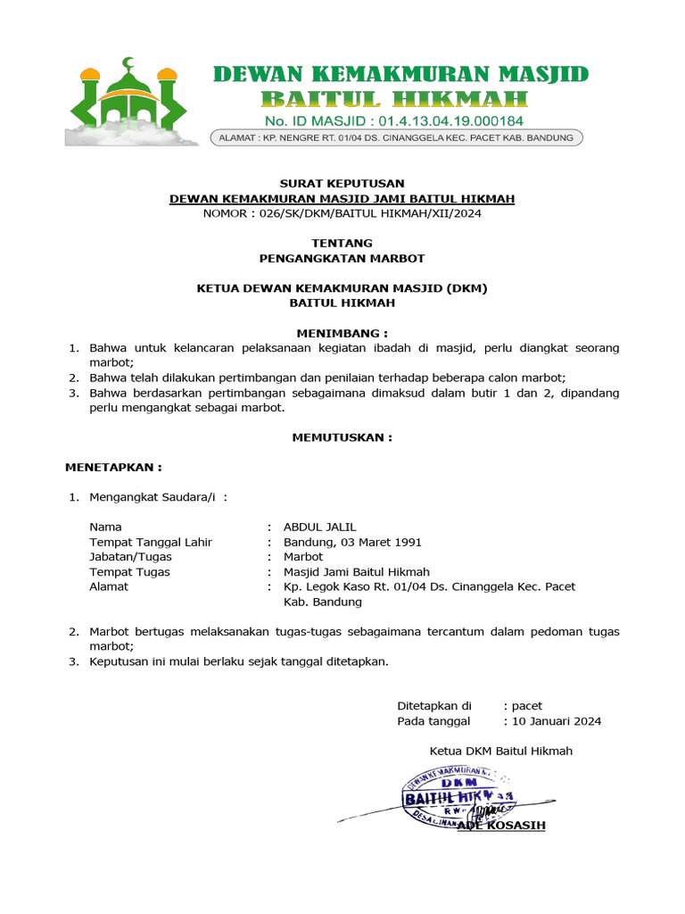 SK Pengangkatan Marbot Masjid Jami | PDF