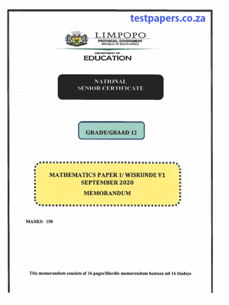 2020 Grade 12 Math Trial Exam Paper 1 Limp Memo | PDF