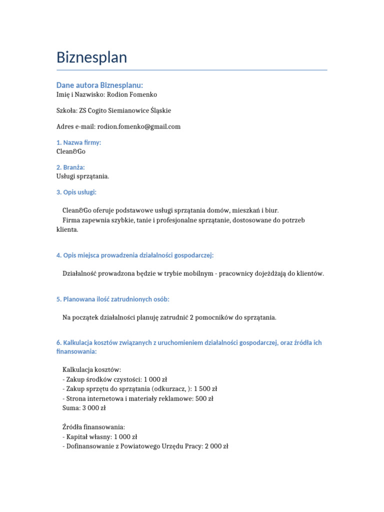 Biznesplan Clean and Go Rodion Fomenko-1 | PDF