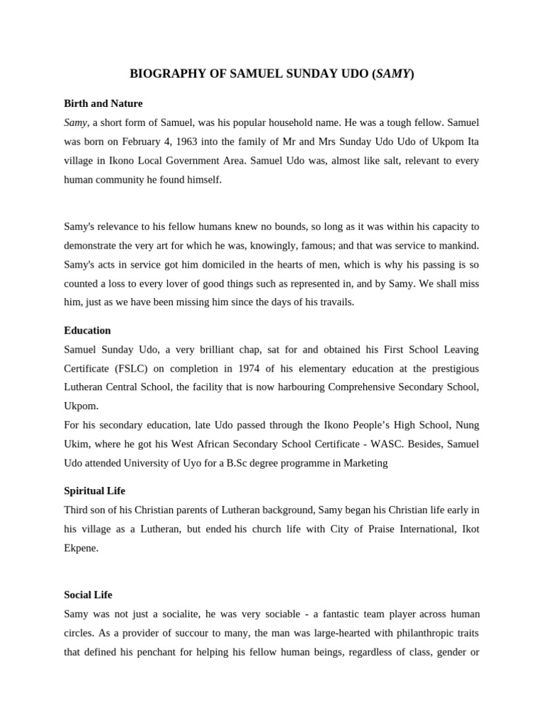 Biography of Samuel Sunday Udo | PDF
