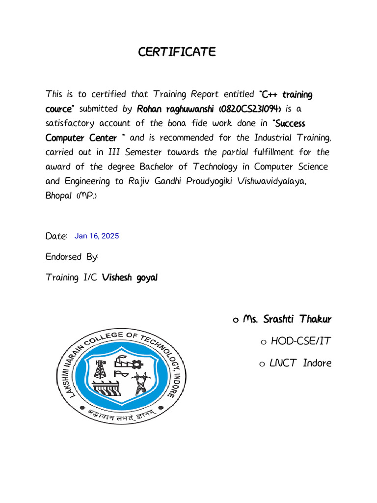 Certificate: Ms. Srashti Thakur Hod-Cse/It LNCT Indore | PDF