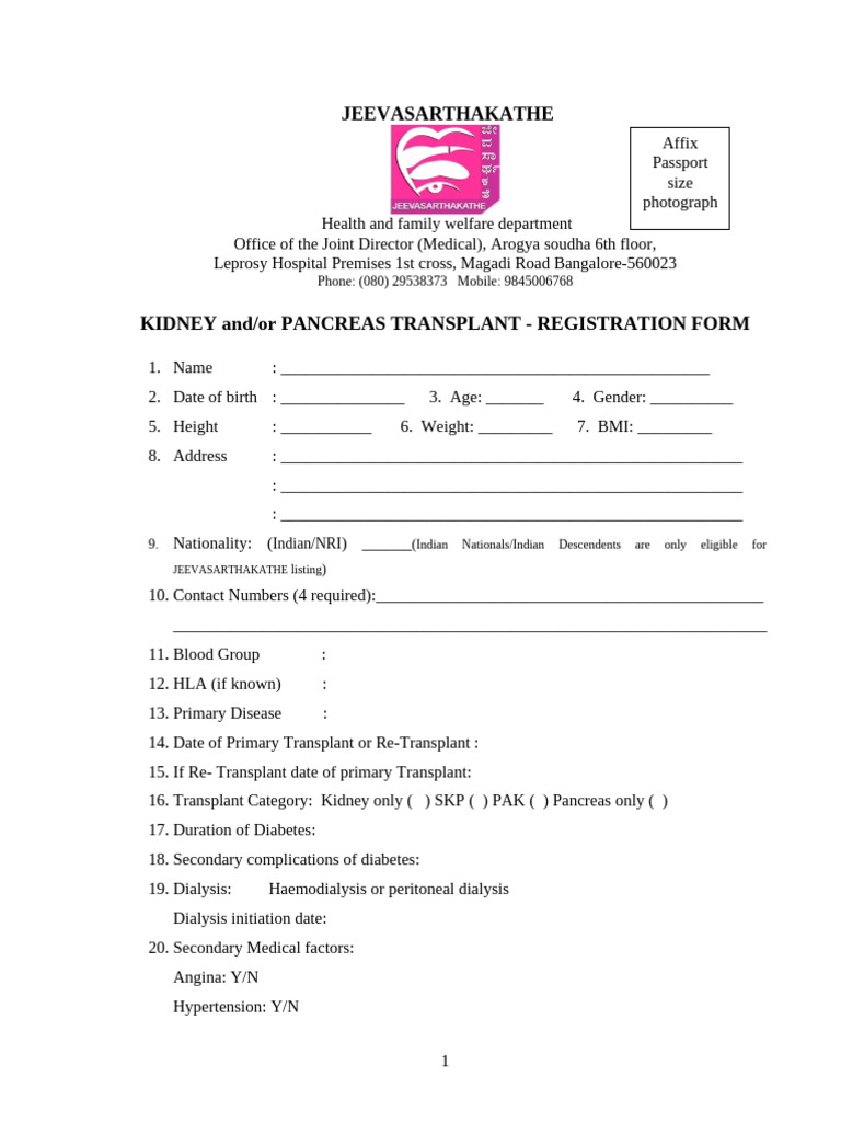 Kidney Pancreas Registration Form | PDF | Kidney Transplantation | Medicine