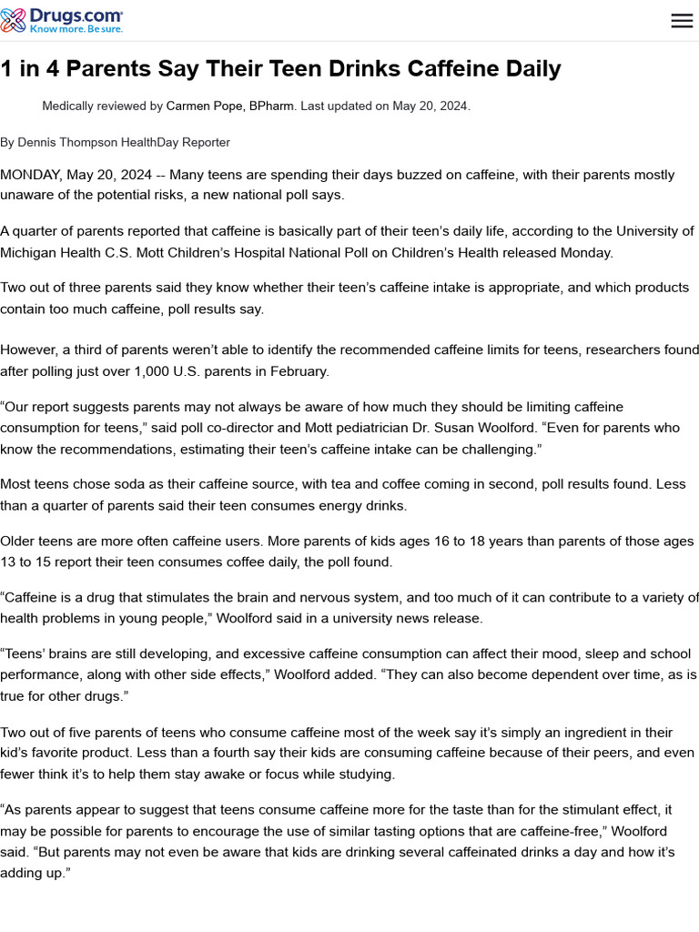 Teen Caffeine Consumption: Parent Awareness | PDF | Caffeine | Adolescence