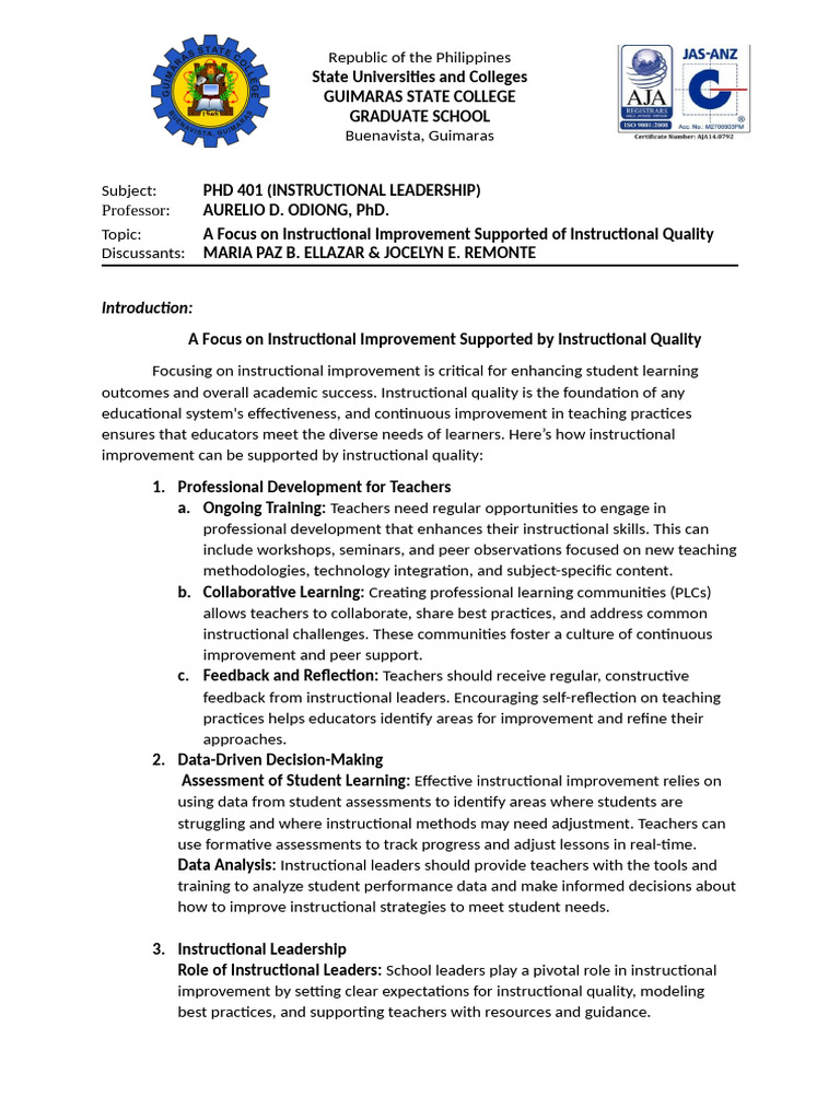 A Focus On Instructional Improvement Supported by Instructional Quality ...