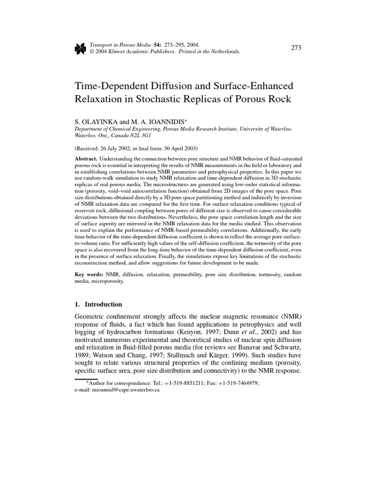 Time-Dependent Diffusion and Surface-Enhanced Relaxation in Stochastic Replicas of Porous Rock ...