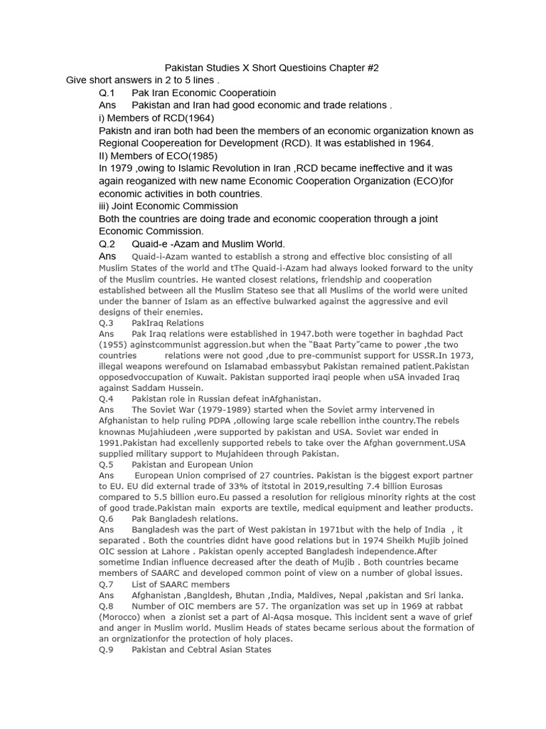 Pakistan Studies X Short Questioins Chapter #2 | PDF | Pakistan ...