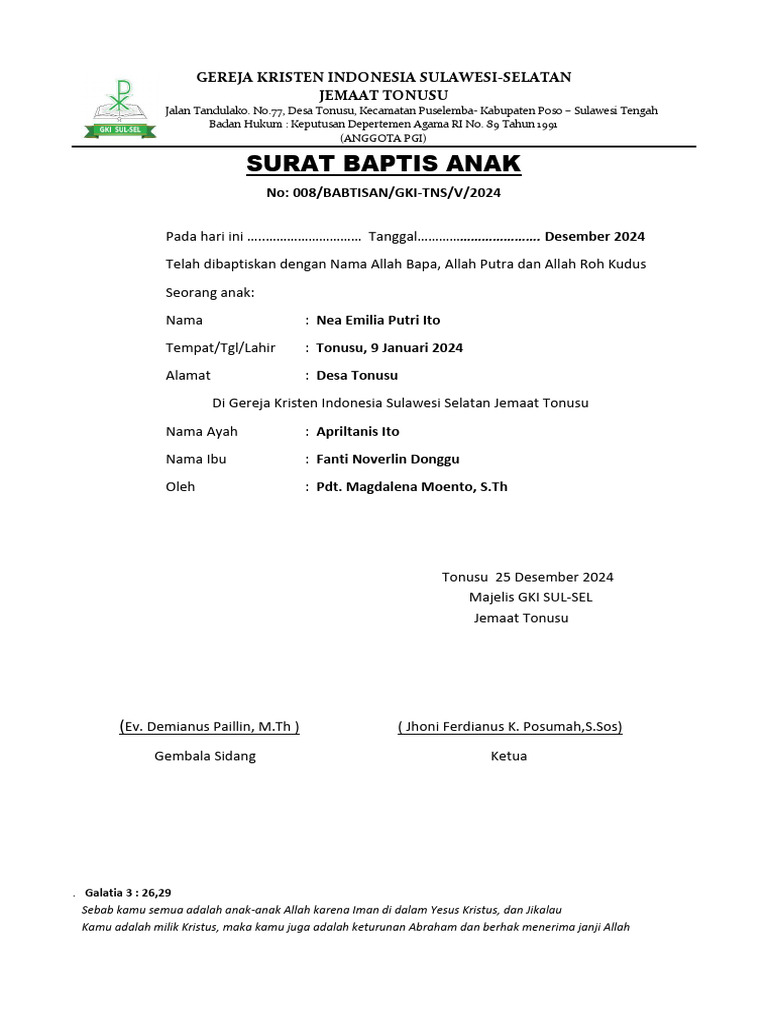 Surat Baptis Anak | PDF