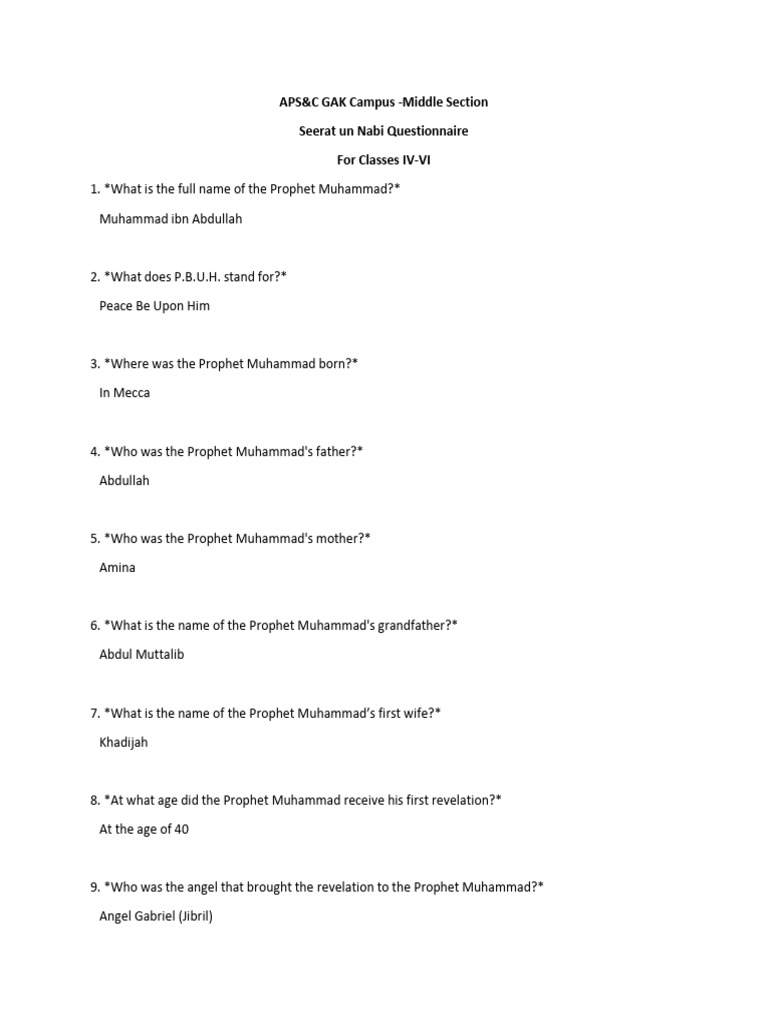 Questionnaire 4,5,6 | PDF | Muhammad | Prophets And Messengers In Islam