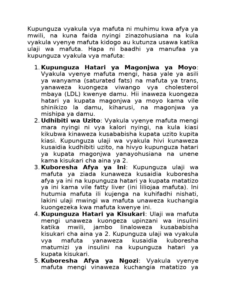 Kupunguza Vyakula Vya Mafuta Ni Muhimu Kwa Afya Ya Mwili | PDF